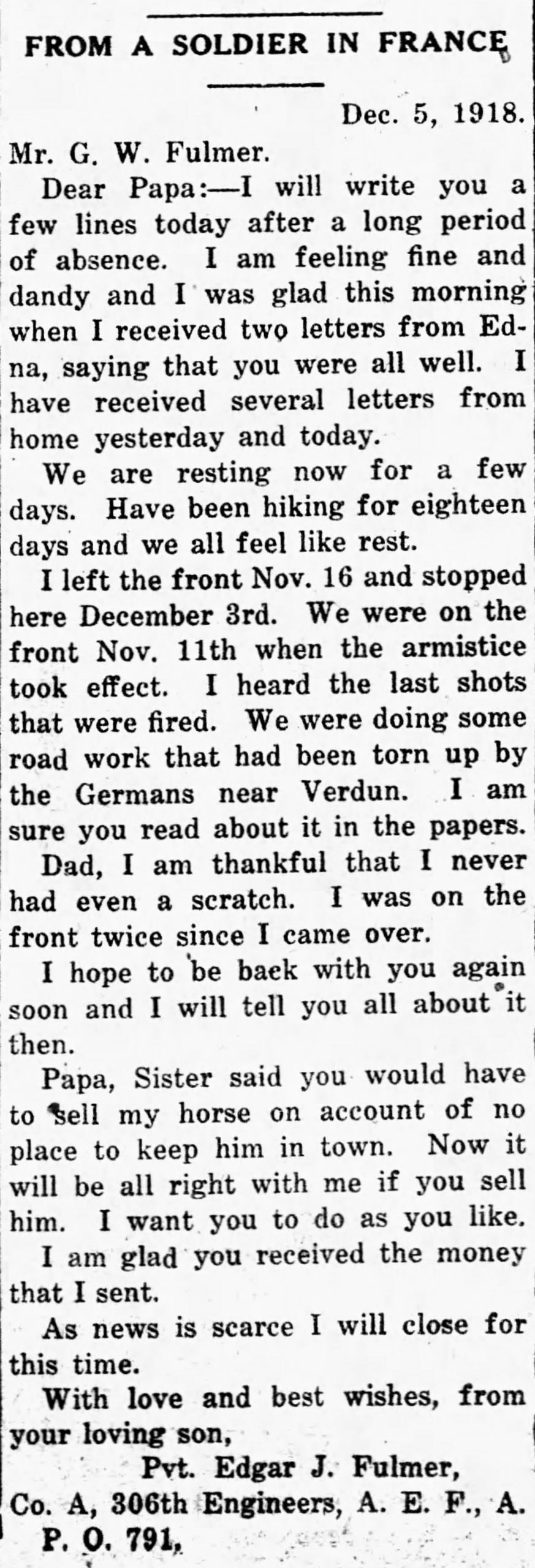 Letter from a WWI soldier in France, December 5, 1918 – Alabama Pioneers